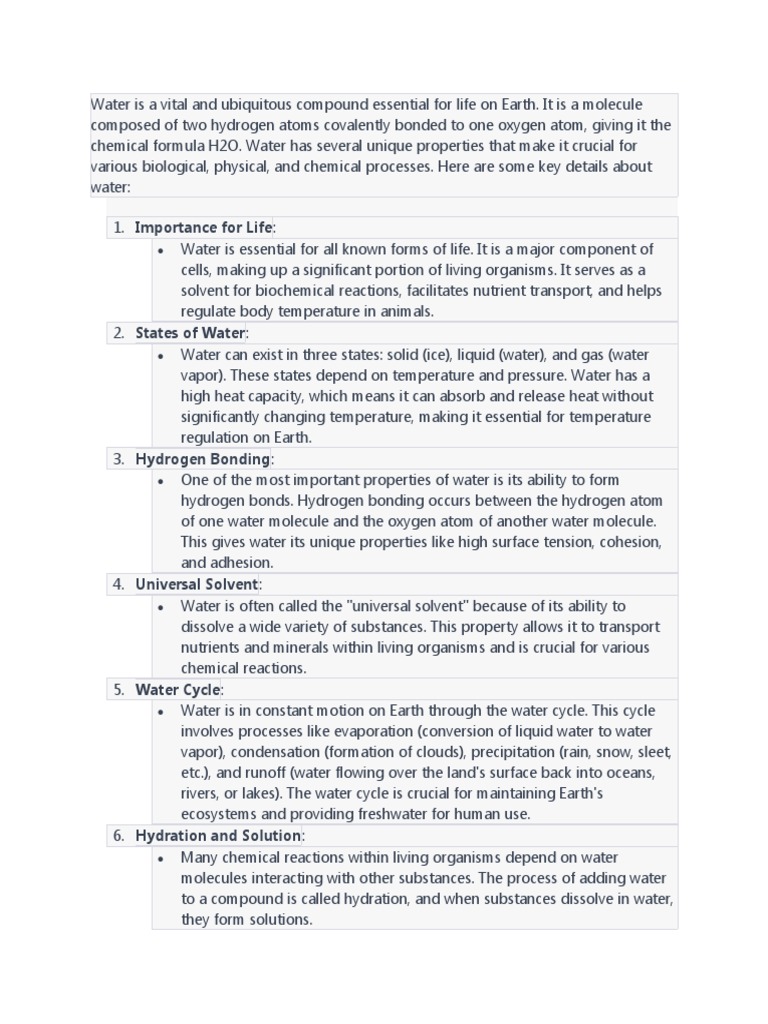 Water Is A Vital and Ubiquitous Compound Essential For Life On Earth | PDF