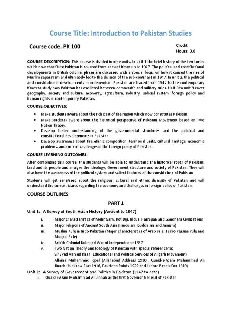 Introduction to Pakistan Studies Course | PDF | Pakistan | Muhammad Ali ...