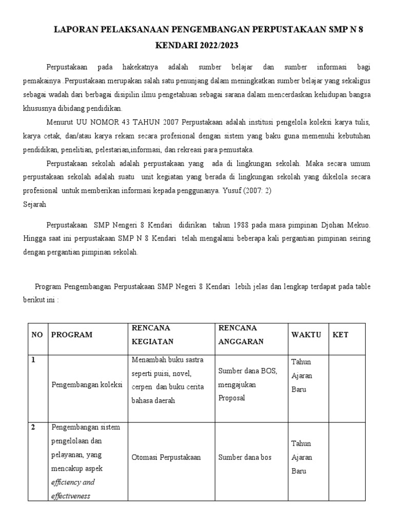 LAPORAN PELAKSANAAN PENGEMBANGAN PERPUSTAKAAN | PDF