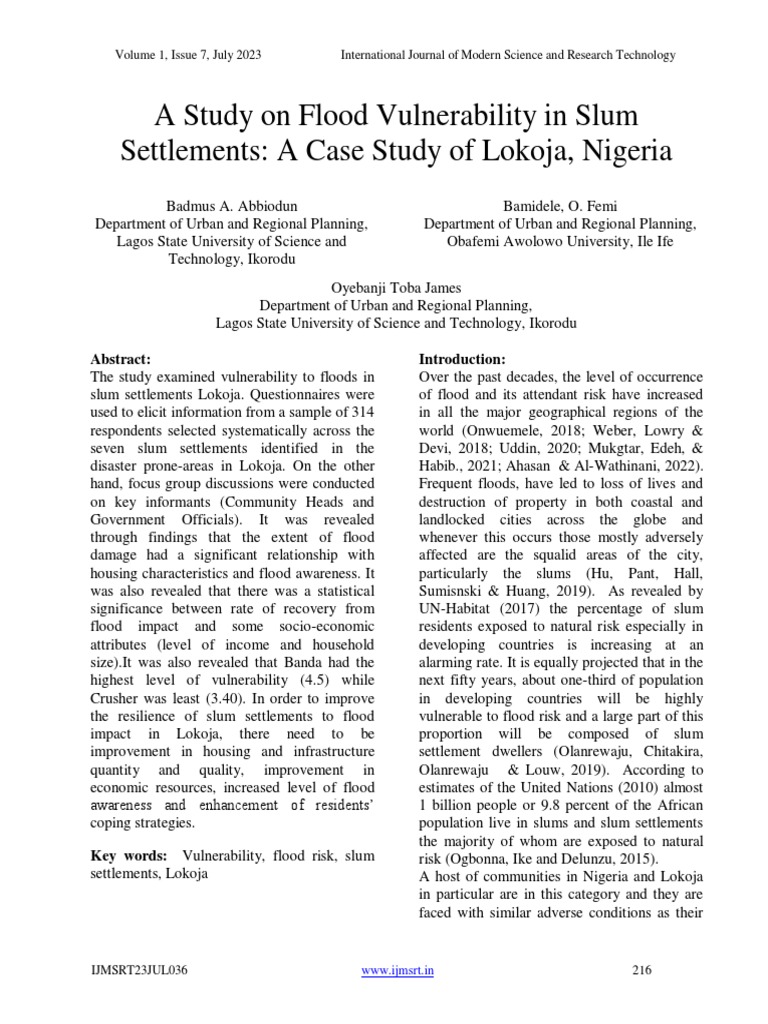 A Study On Flood Vulnerability in Slum Settlements A Case Study of Lokoja, Nigeria | PDF | Slum ...