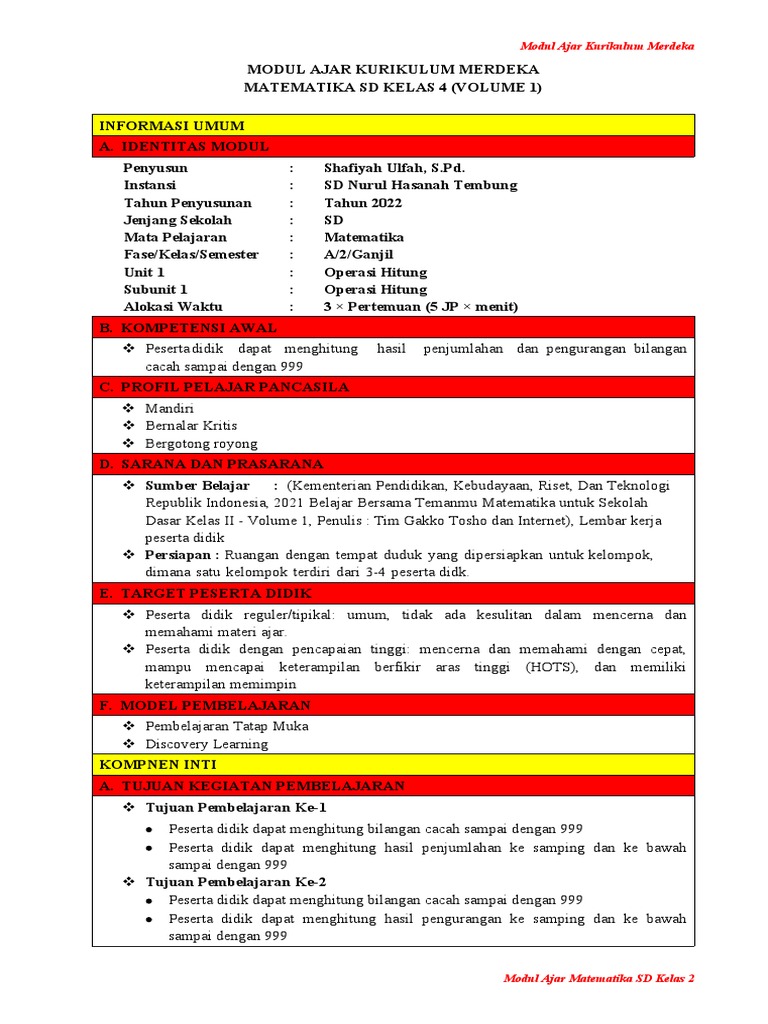 Modul Ajar MTK Unit 1 Kelas 2 Semester 1 | PDF