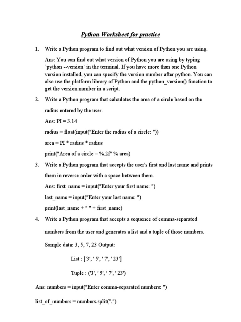 Python Worksheet For Practice | PDF | Python (Programming Language ... Python Worksheet For Practice | PDF | Python (Programming Language ...