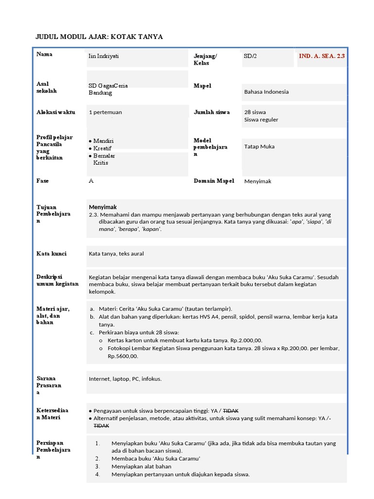 Modul Ajar Bahasa Indonesia - Kotak Tanya - Fase A | PDF | Sains ...