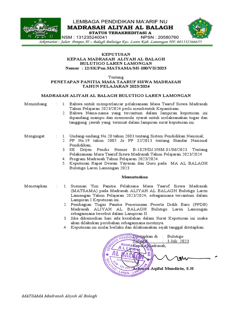 SK Panitia MATSAMA 2023/2024 | PDF | Karier & Perkembangan