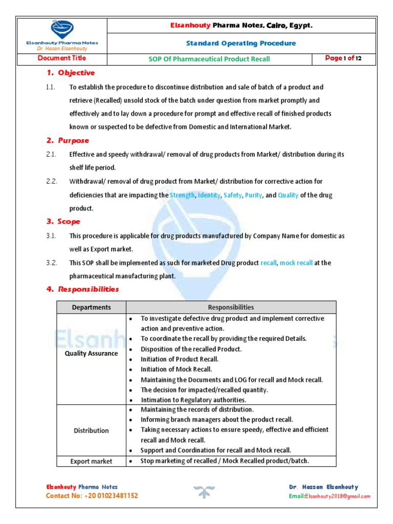 SOP For Pharmaceutical Products Recall | PDF