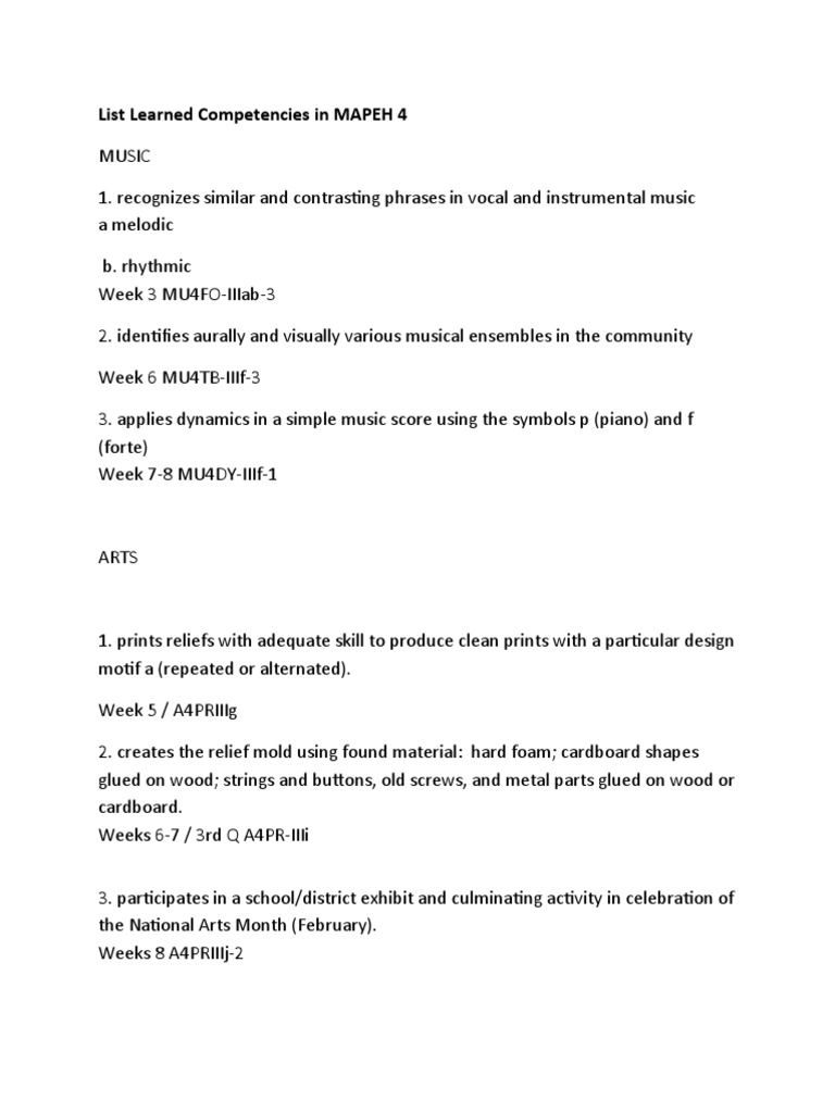 Least Learned Competencies MAPEH 4 | PDF