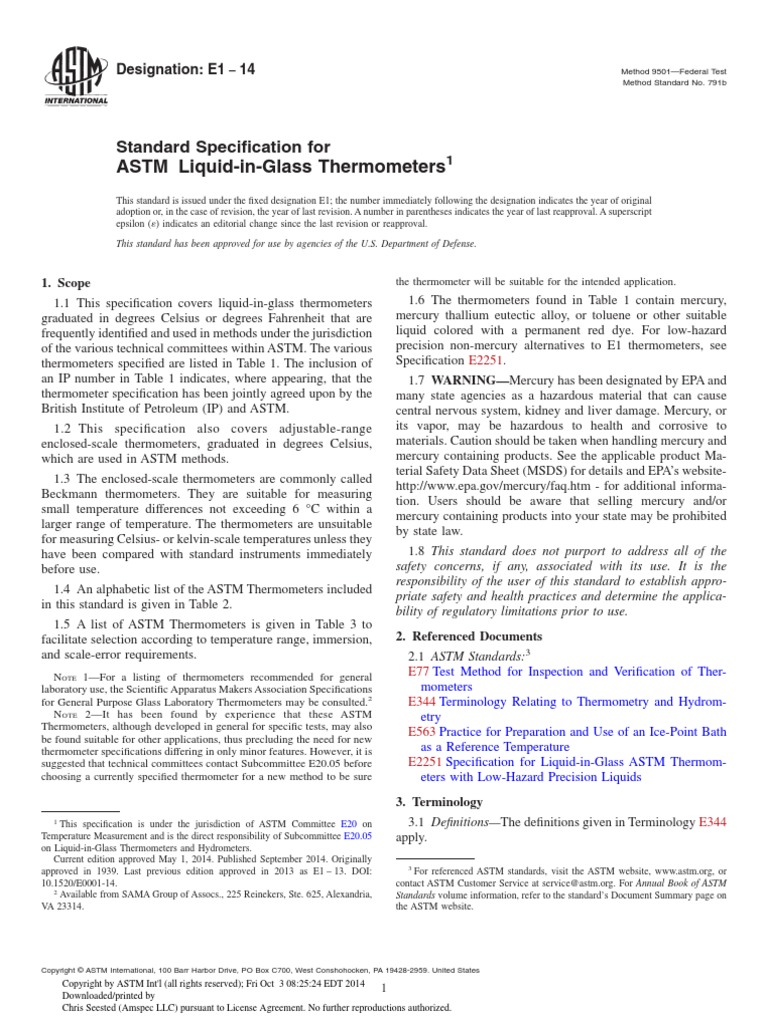 E1.14 Specification For ASTM Thermometers | PDF | Thermometer | Temperature