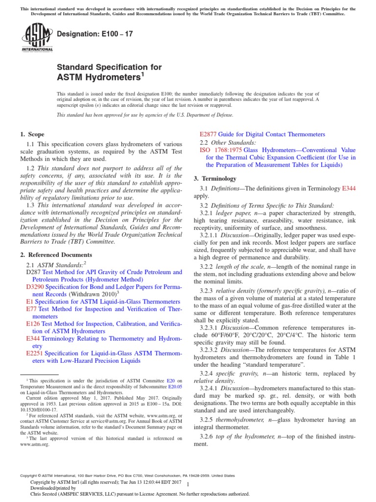 E100-17 Specification For ASTM Hydrometers | PDF | Volume | Physical Sciences