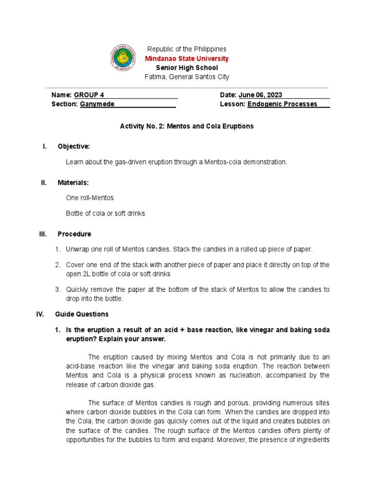 Mentos and Cola Eruptions | PDF | Volcano | Gases