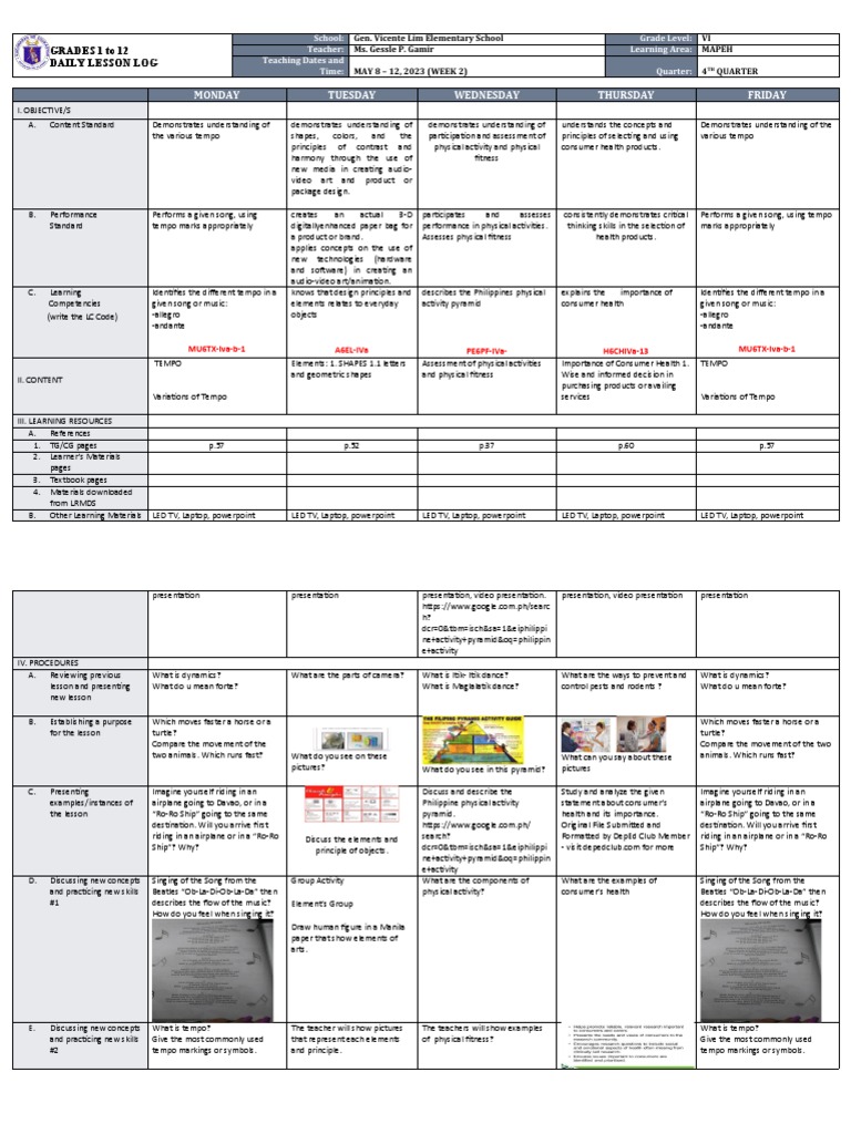 DLL - Mapeh 6 - Q4 - W2 | PDF