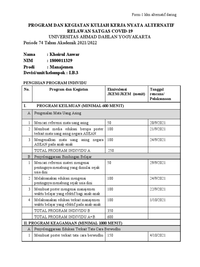 Form 1 Edit Proker Individu | PDF