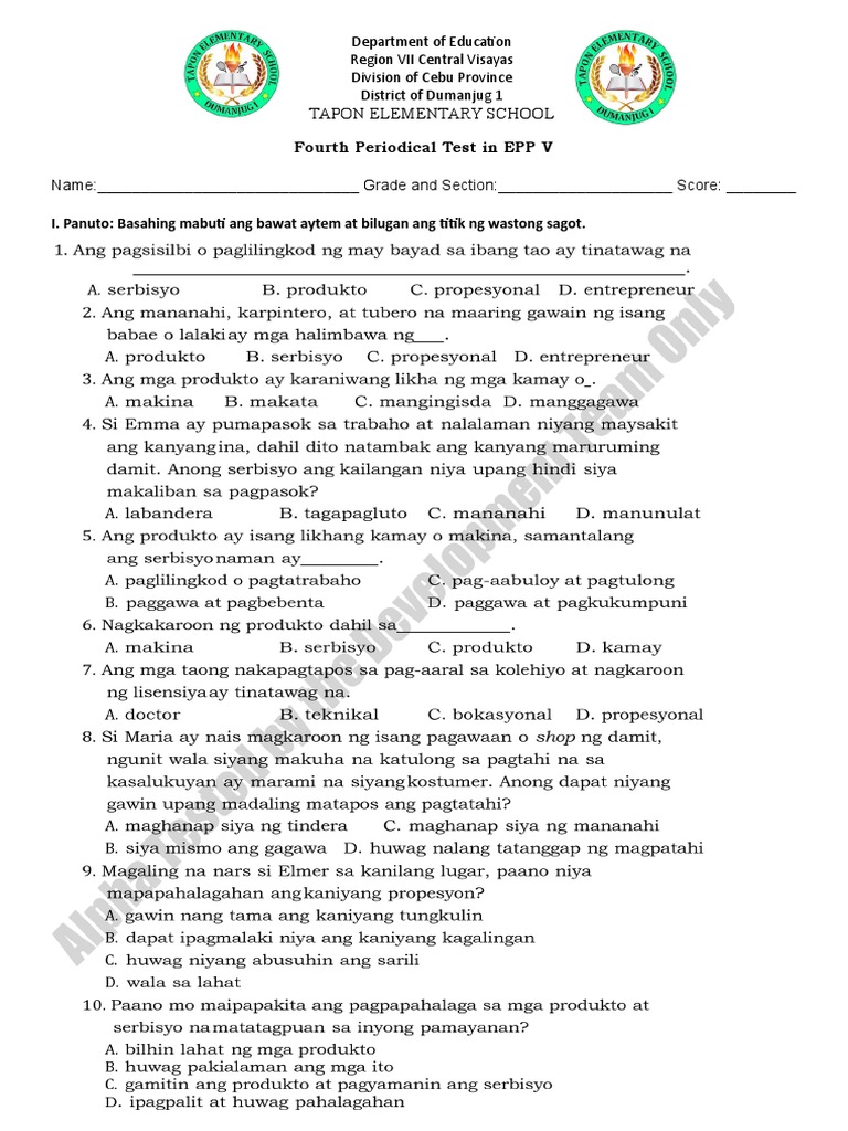Tapon Elementary School: Fourth Periodical Test in EPP V | PDF