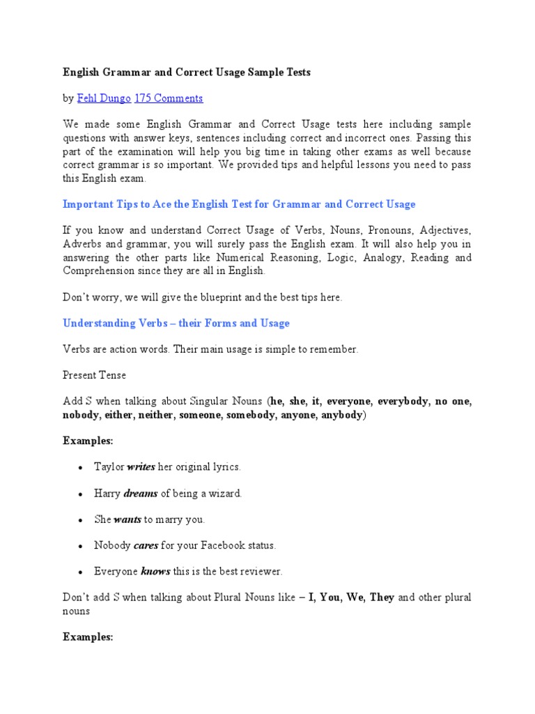 English Grammar and Correct Usage Sample Tests | PDF | English Grammar ...