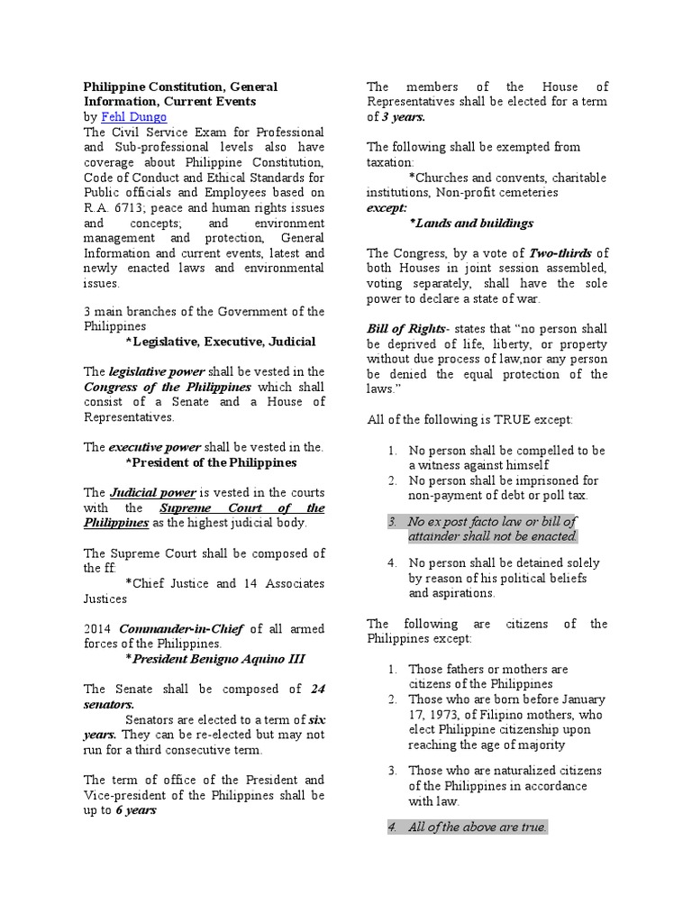 Civil Service Exam-Phil - Consti. | PDF | Philippines | President Of The Philippines