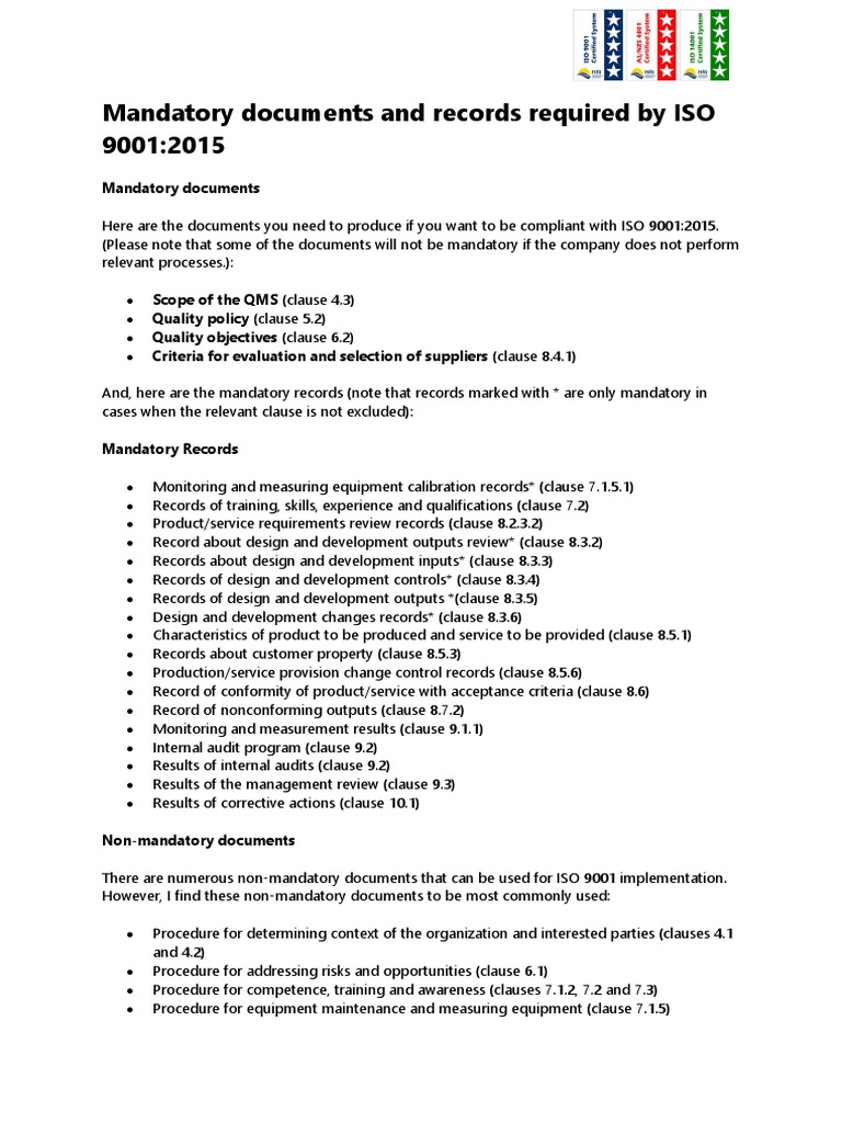 Mandatory Documents and Records Required by ISO 9001 | Download Free ...
