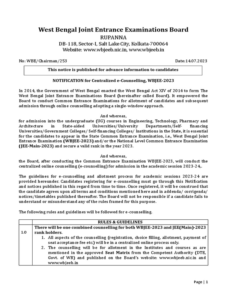WBJEE 2023 Counselling Notification | PDF