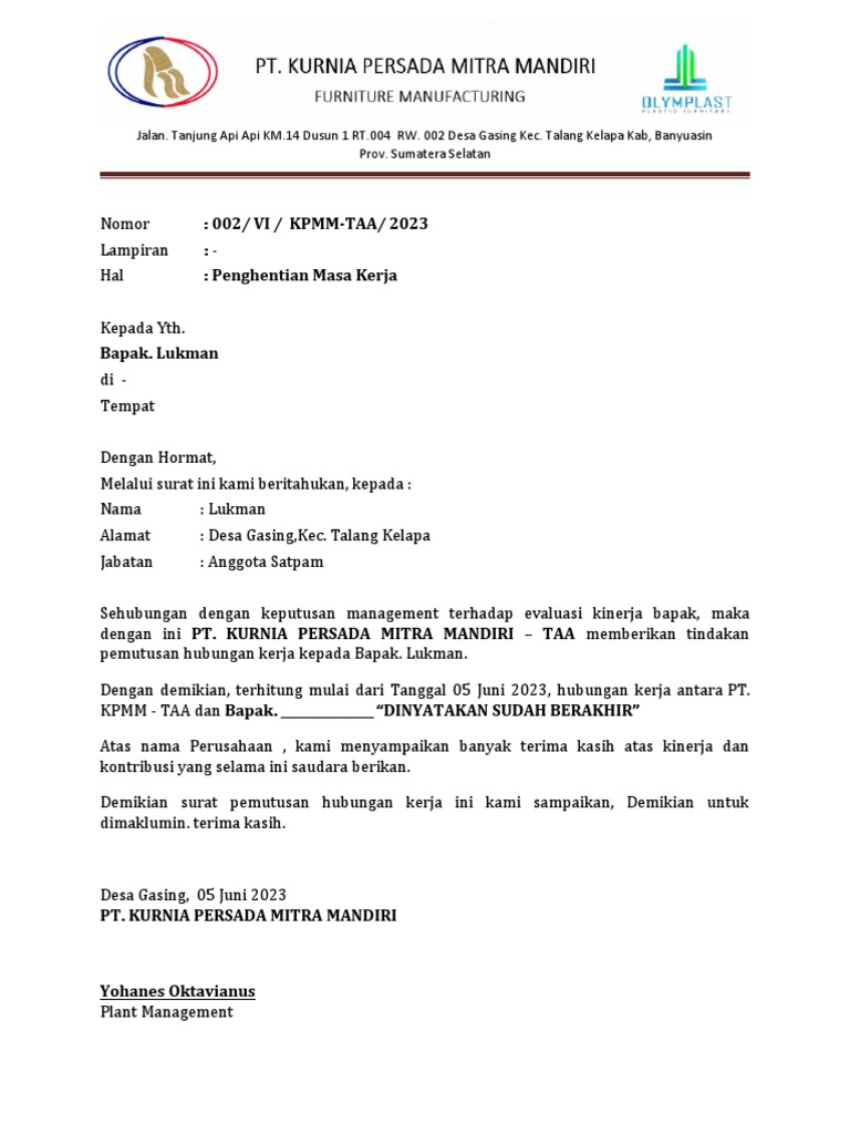 SURAT PEMUTUSAN KERJA | PDF
