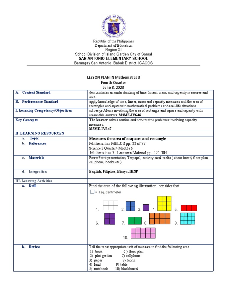 Area of Squares and Rectangles Lesson Plan | PDF | Area | Learning