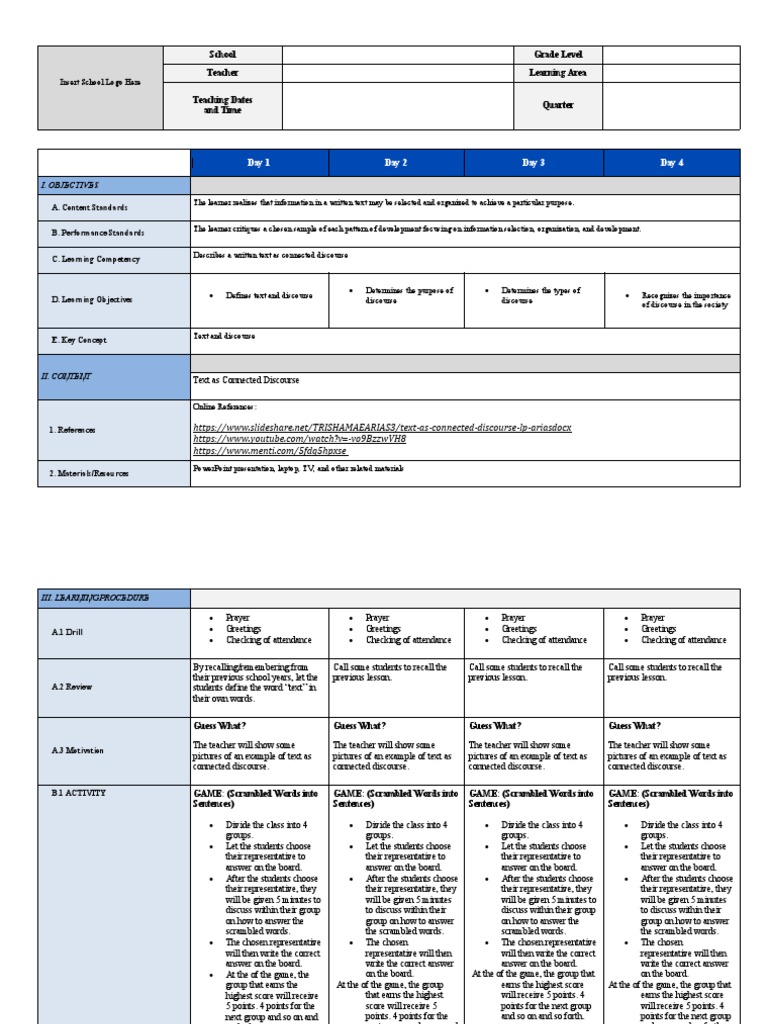 Q3-Week 1-DLP-Reading&Writing-Text As A Connected Discourse | Download Free PDF | Teachers ...