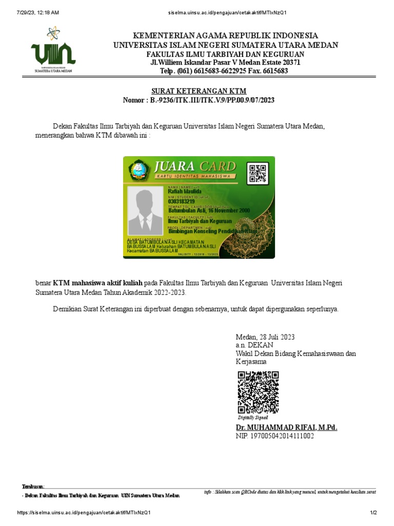 Surat Keterangan KTM Mahasiswa UINSU | PDF