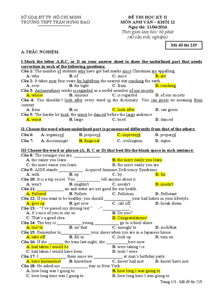 De Thi Hkii - Anh 12 - 219 | Download Free PDF | Extinction