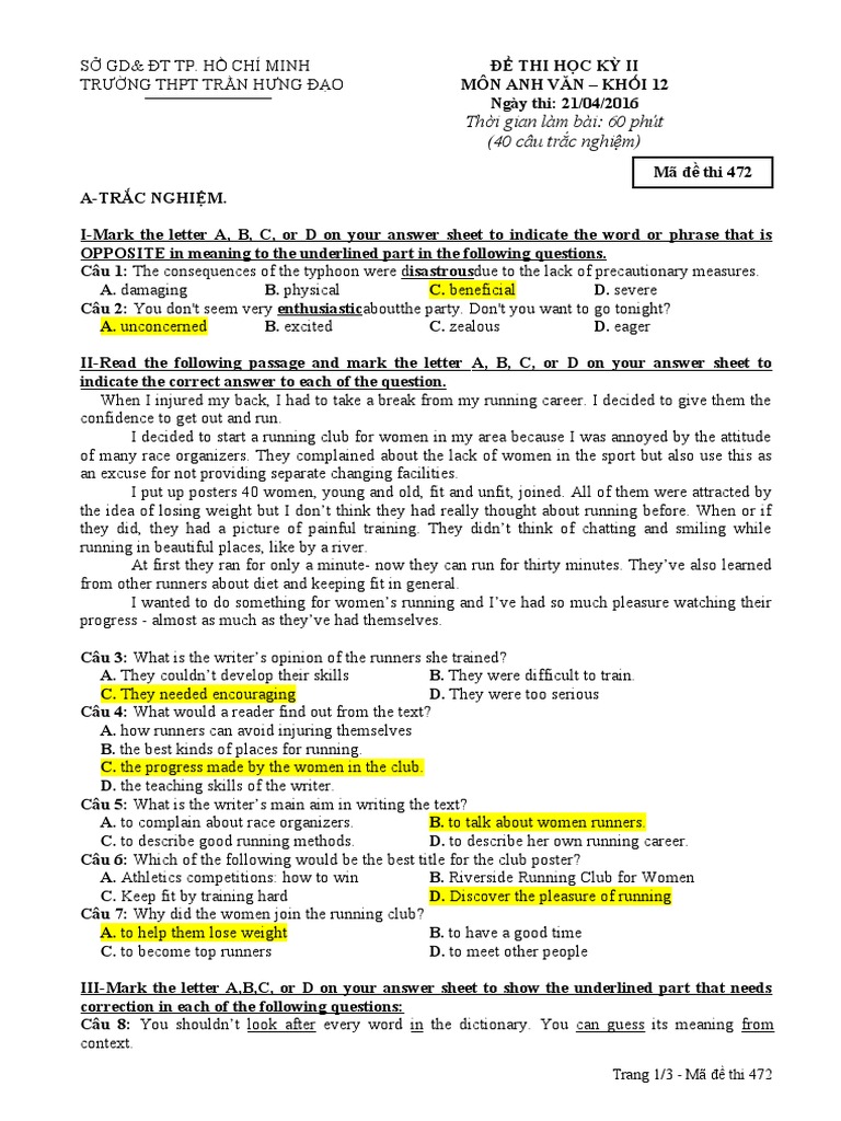 De Thi Hkii - Anh 12 - 472 | PDF | Extinction