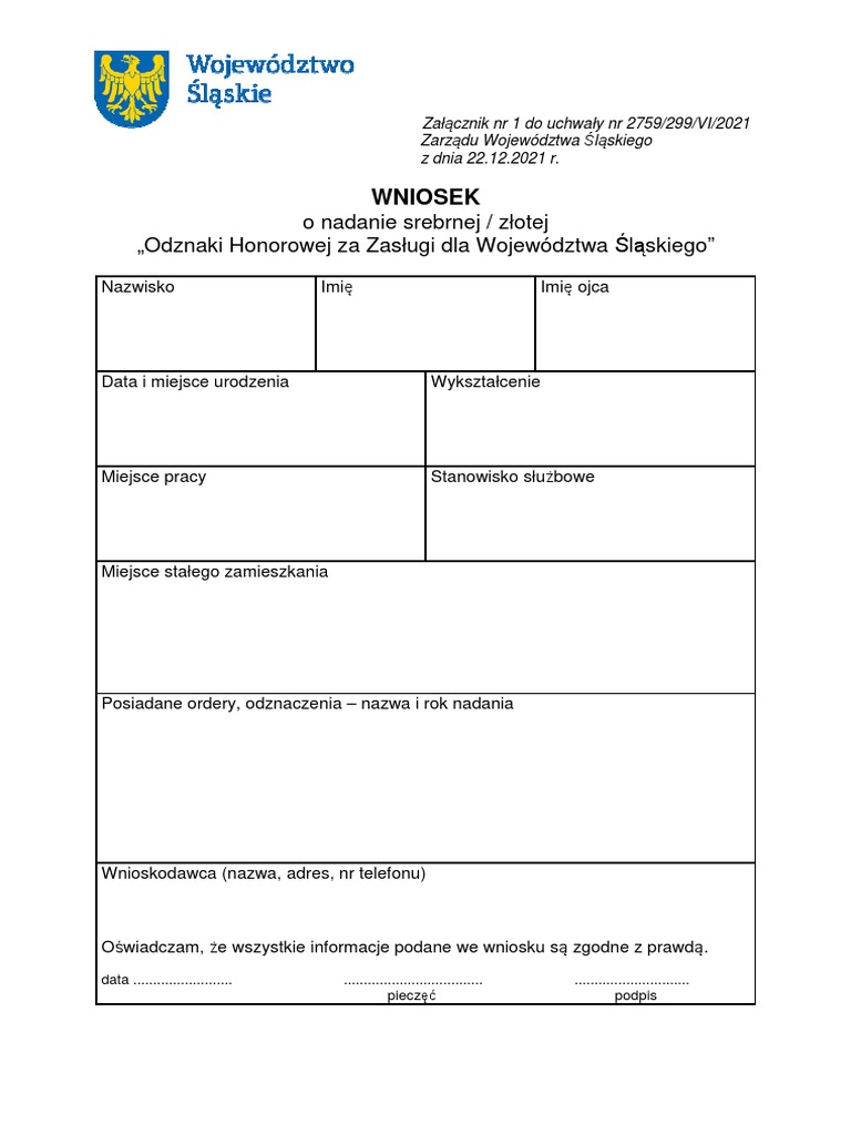 03 Zal 1 Do Uchwaly Zarzadu 2759 299 VI 2021 Odznaka Wniosek Dla Os Fizycznej | PDF