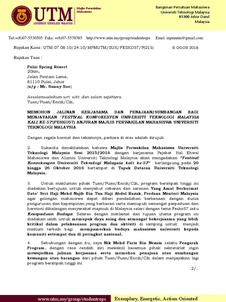 Surat Keluar Fesko57 (215) Memohon Penajaan Pulai Spring Resort | PDF