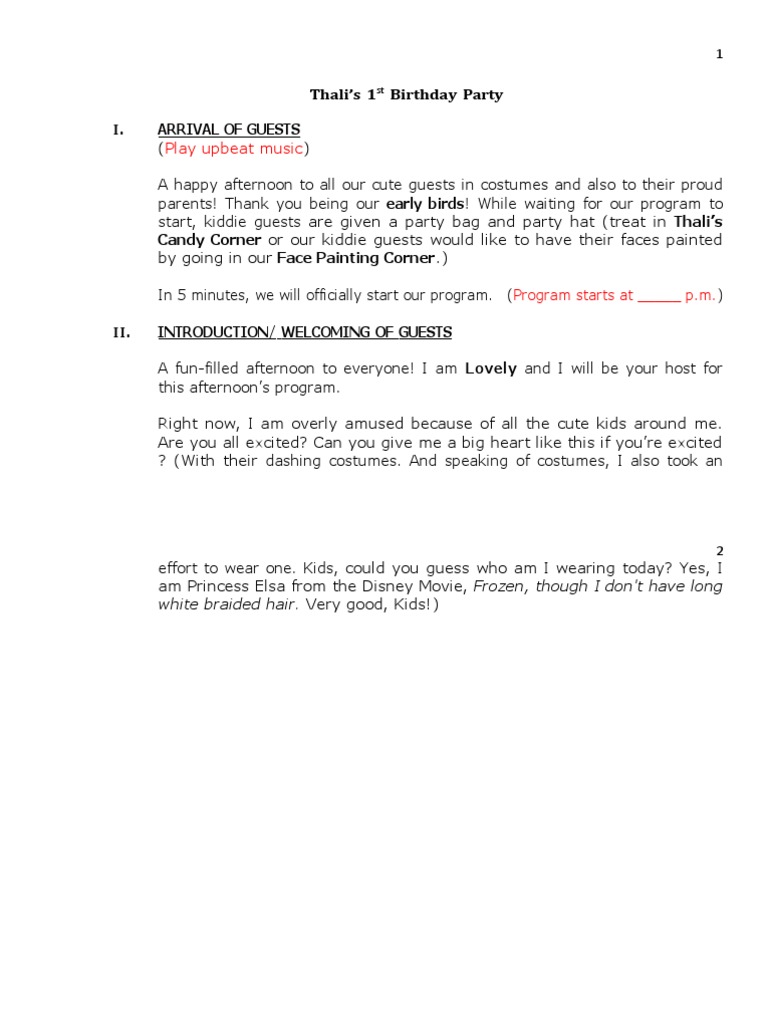 Thali's 1st Birthday Party Script | PDF