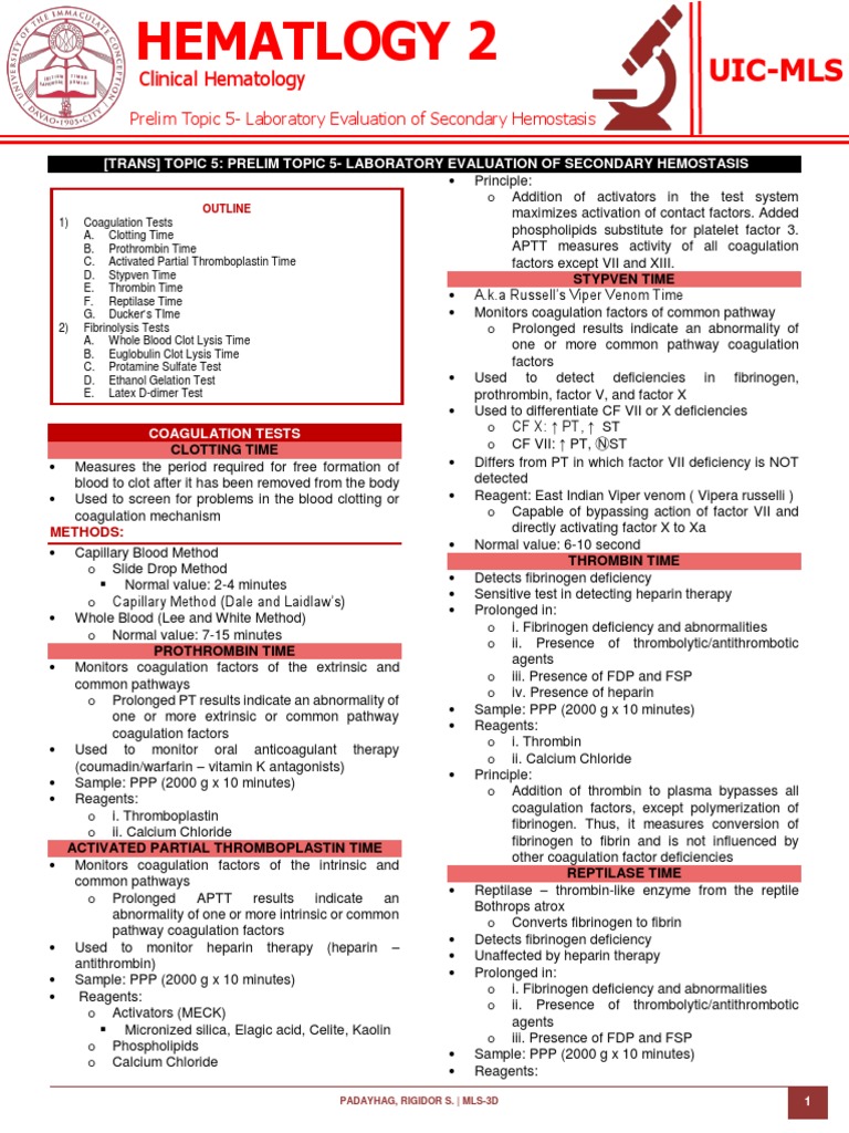 Hema 2 - Prelim Topic 5 - Secondary Hemostasis Laboratory Tests | PDF