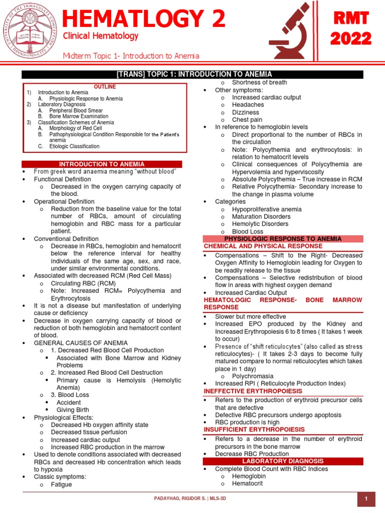 HEMA 2 - Midterm Topic 1 - Introduction To Hematology | PDF HEMA 2 - Midterm Topic 1 - Introduction To Hematology | PDF