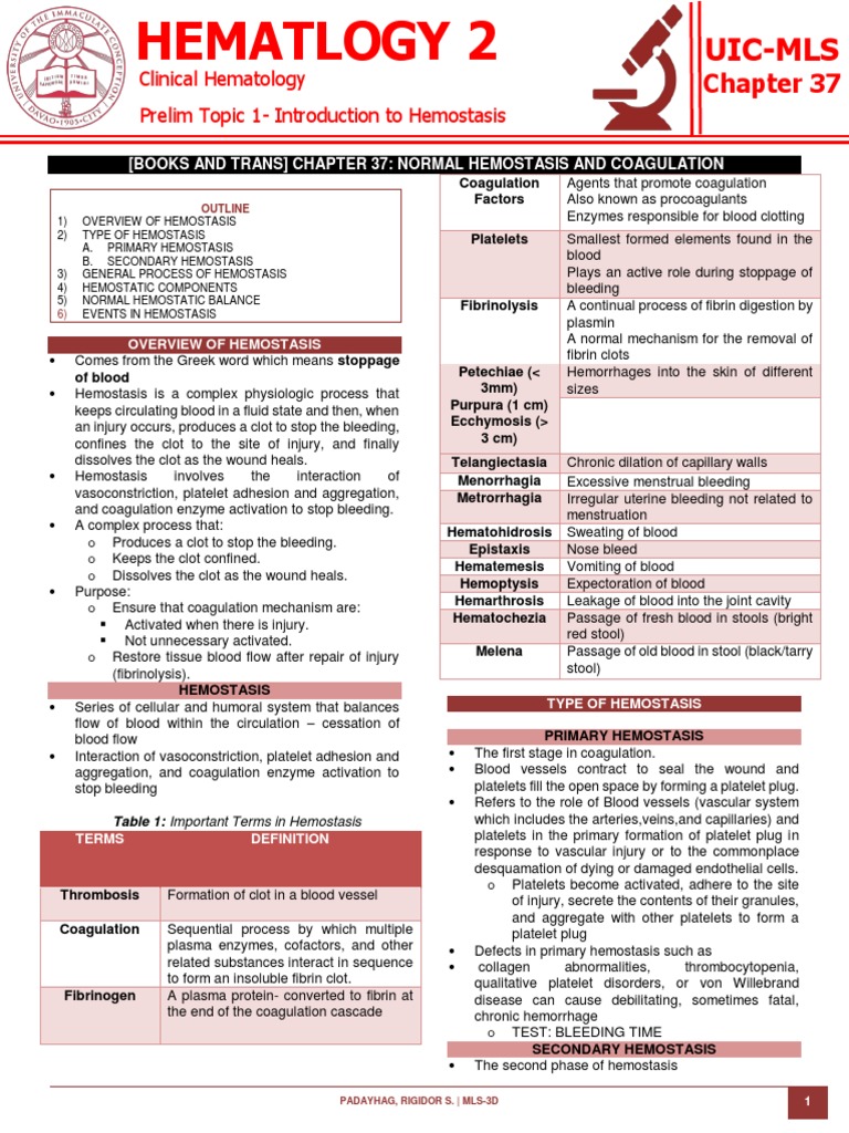 Hema 2 - Prelim Topic 1-Intro To Hemostasis | PDF | Coagulation | Platelet