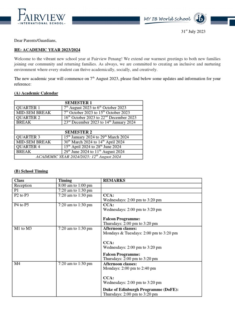 FISP Semester 1 AY2023 - 2024 Circular | PDF | Academic Term | Schools