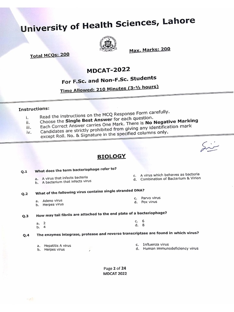 UHS MDCAT Test 2022 Past Paper | PDF