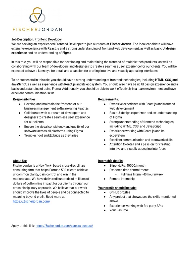 Fischer Jordan Frontend Developer Jd Pdf User Interface Computing