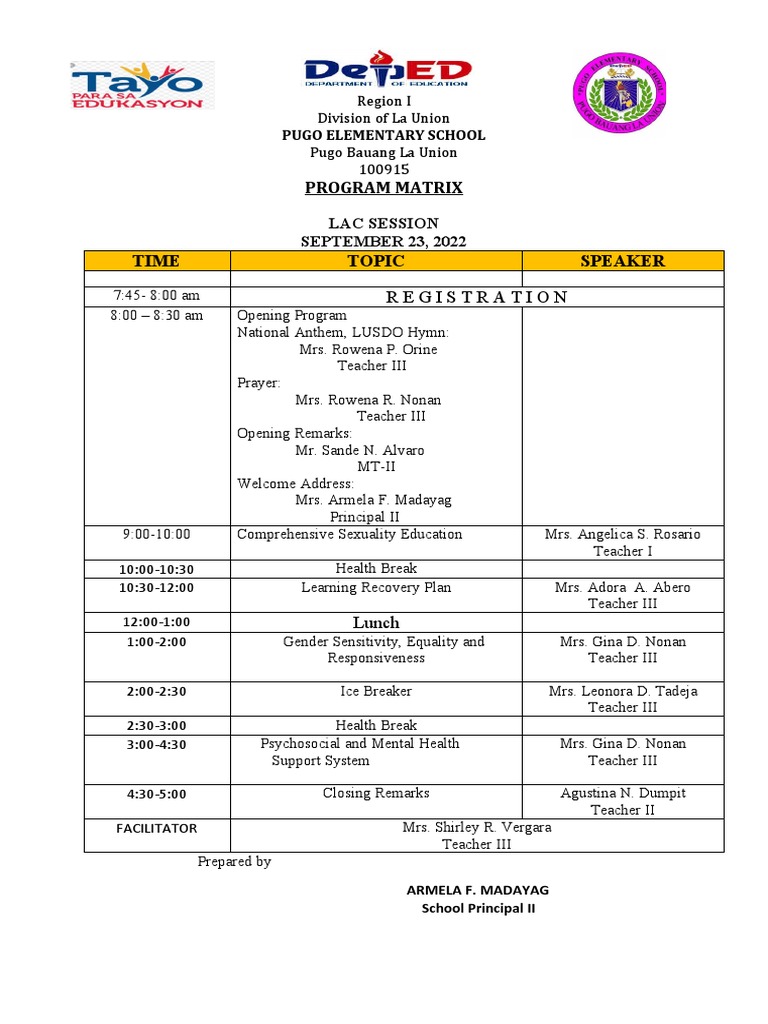 Program Matrix Lac Session 1 Pdf Sex Education Cognition 9410