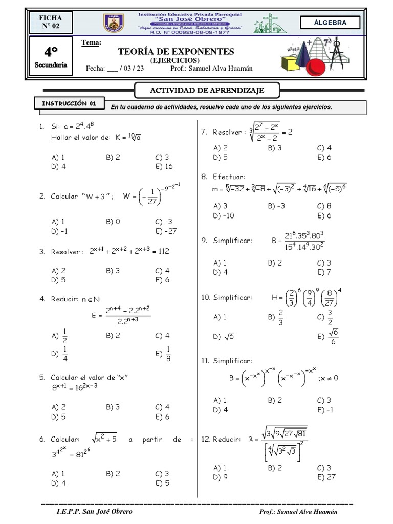 Álgebra - Ficha 02 - 4to Sec - I BIM | PDF