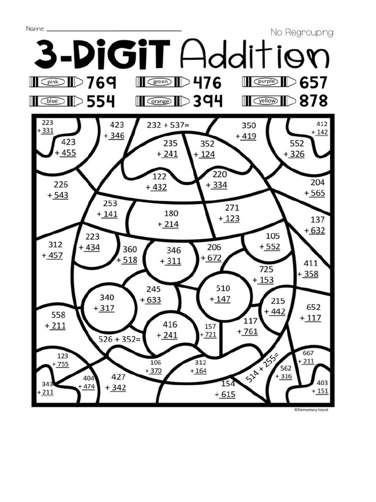 Easter Spring Three Digit Addition Color by Number With and Math | PDF
