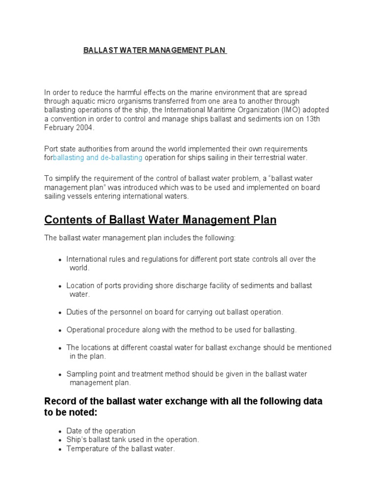 Ballast Water Management Plan | PDF | Water | Ships