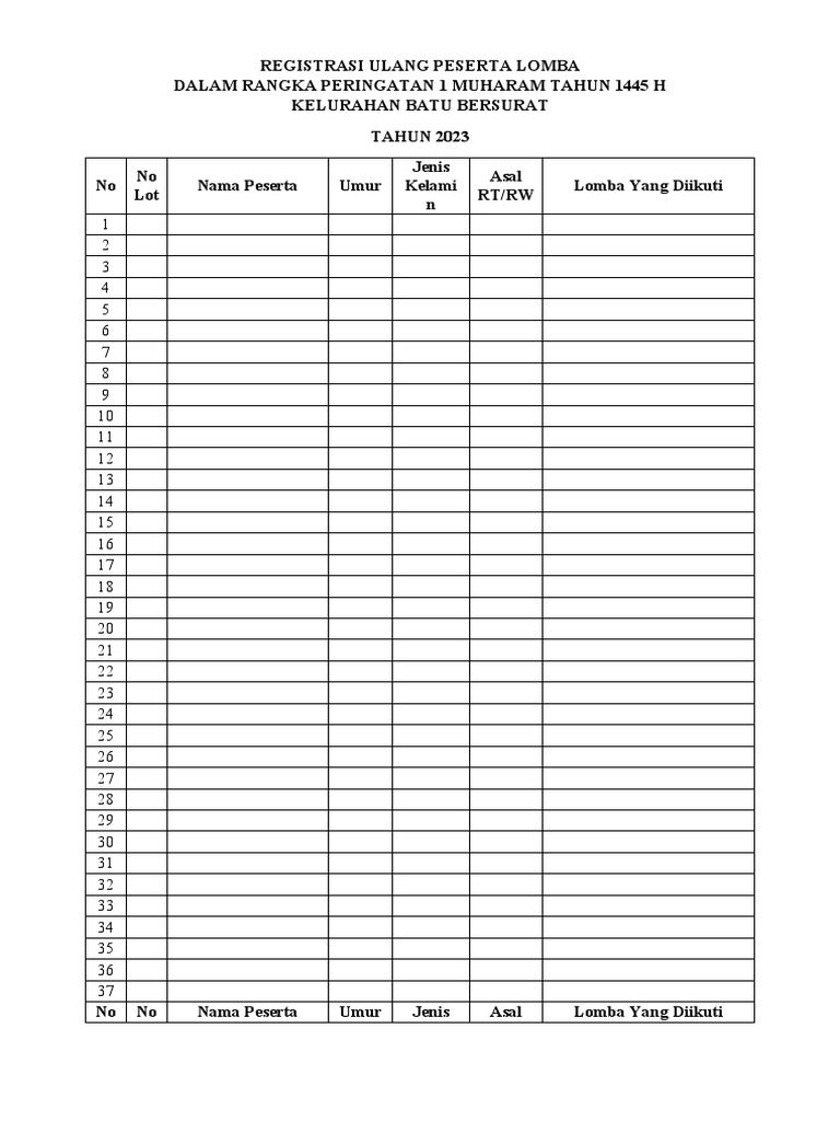 Form Registrasi Ulang Lomba | PDF