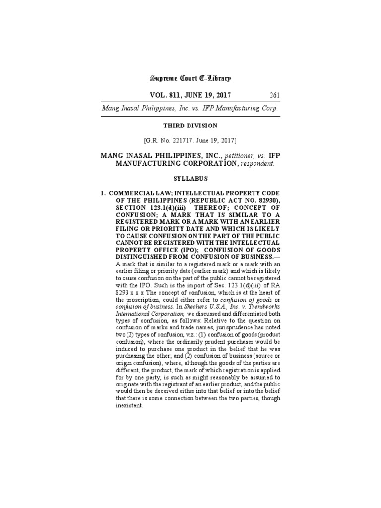 G.R. No. 221717 Mang Inasak Vs IFP Manufacturing Corp | PDF | Trademark ...