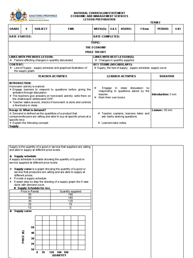 Grade 9 EMS: Price Theory Lesson | PDF