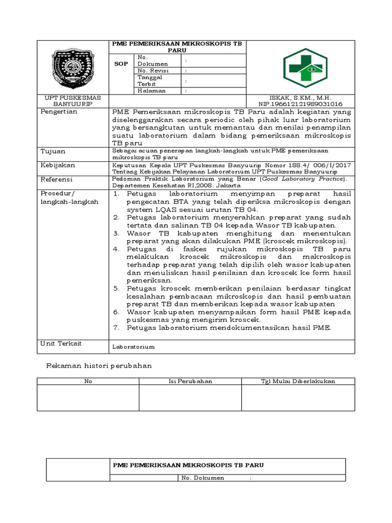 SOP PME Pemeriksaan Mikroskopis TB Paru | PDF