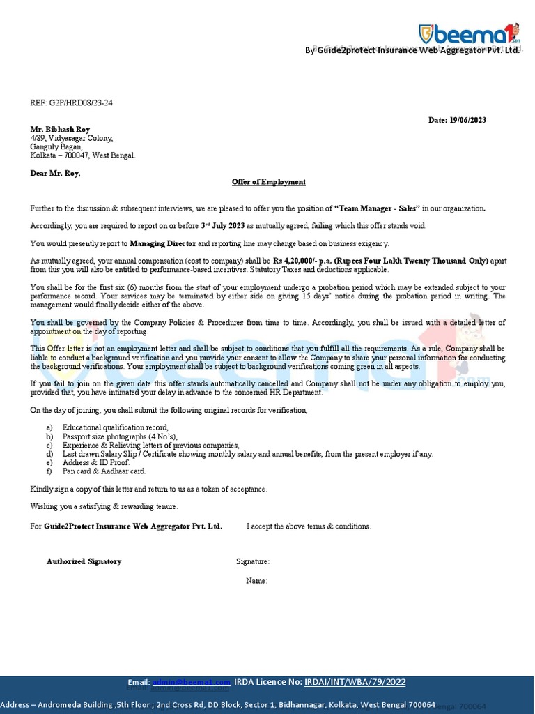 Offer Letter - Bibhash | PDF