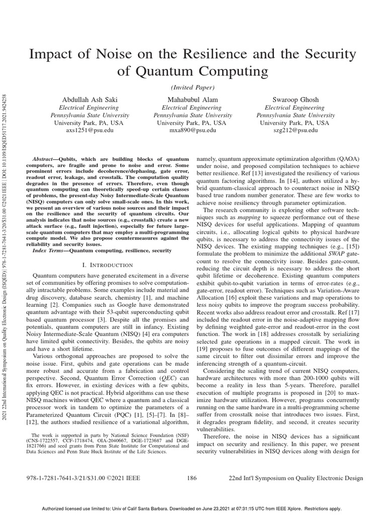 Impact of Noise On The Resilience and The Security | PDF | Quantum ...