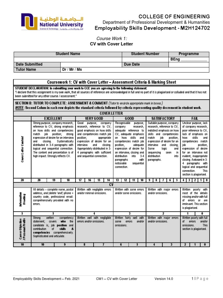 CW1 - CV With Cover Letter - Assessment Criteria and Marking Sheet ...