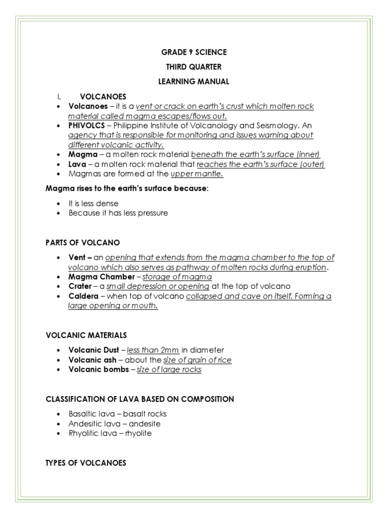 GRADE 9 Science Manual (First Half Third Quarter) | PDF | Volcano | Lava