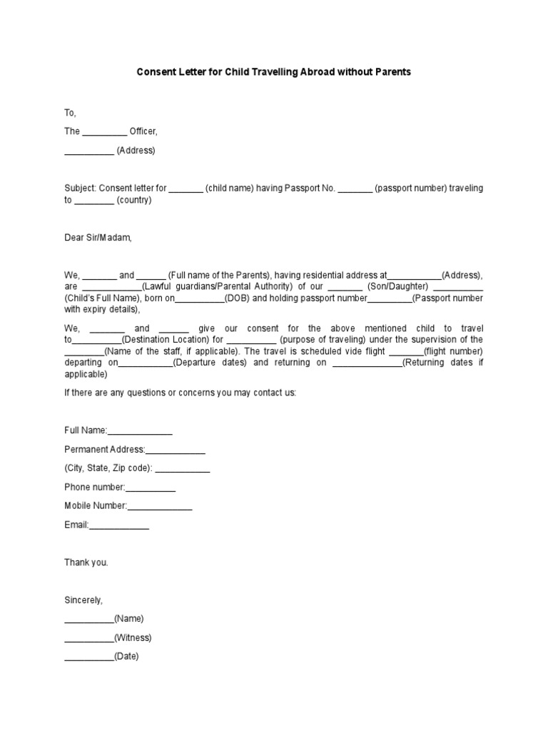 Sample Consent Letter For Child Travelling Abroad Without Parents | PDF
