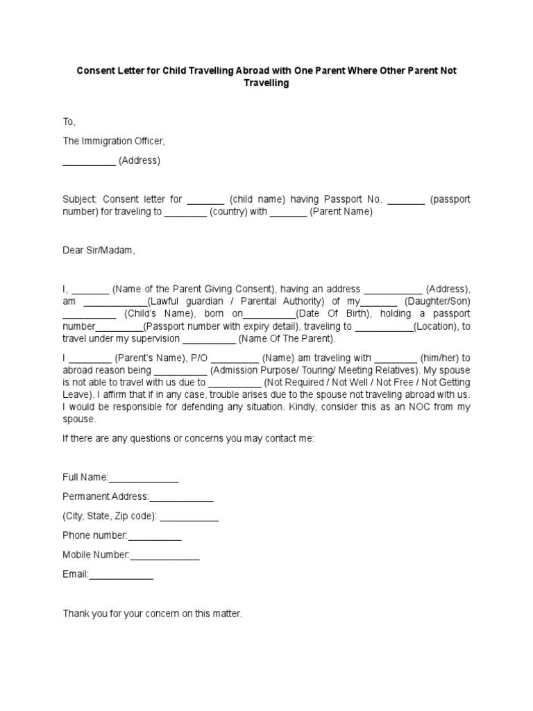 Sample Consent Letter For Child Travelling Abroad With One Parent Where ...