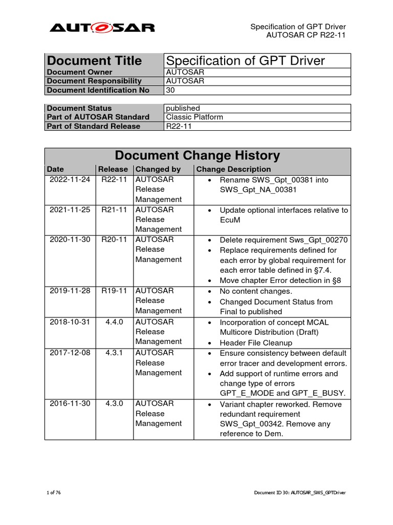 AUTOSAR GPT Driver Spec R22-11 | PDF | Programming | Computer Program
